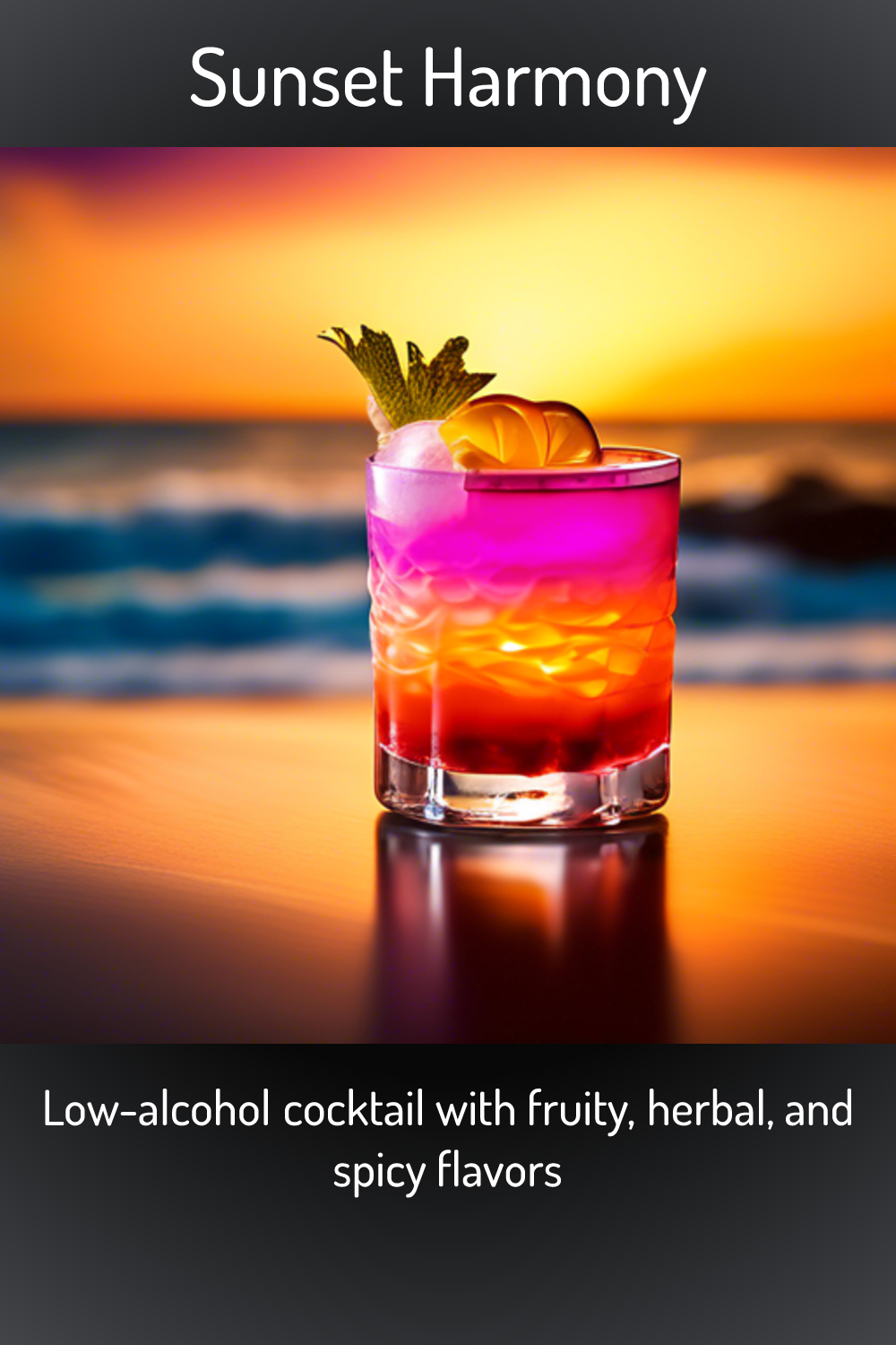 Sunset Harmony, Low-alcohol cocktail with fruity, herbal, and spicy flavors
