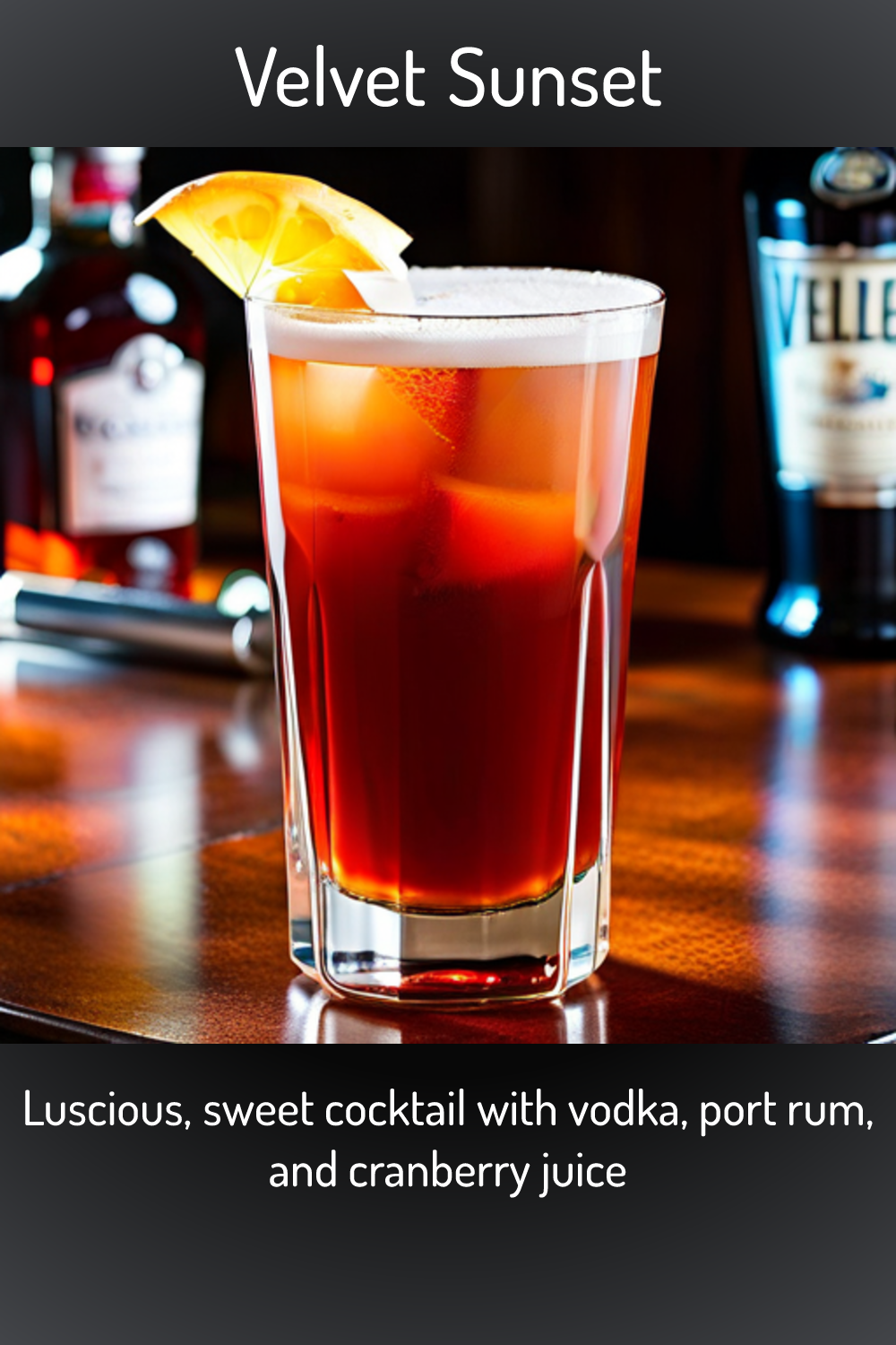 Velvet Sunset, Luscious, sweet cocktail with vodka, port rum, and cranberry juice