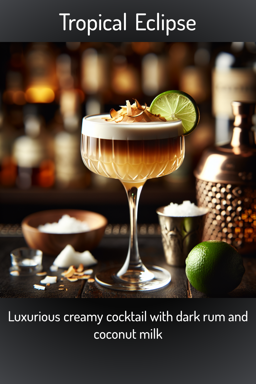 Tropical Eclipse, Luxurious creamy cocktail with dark rum and coconut milk