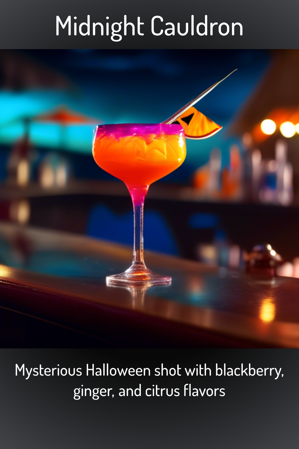 Midnight Cauldron, Mysterious Halloween shot with blackberry, ginger, and citrus flavors