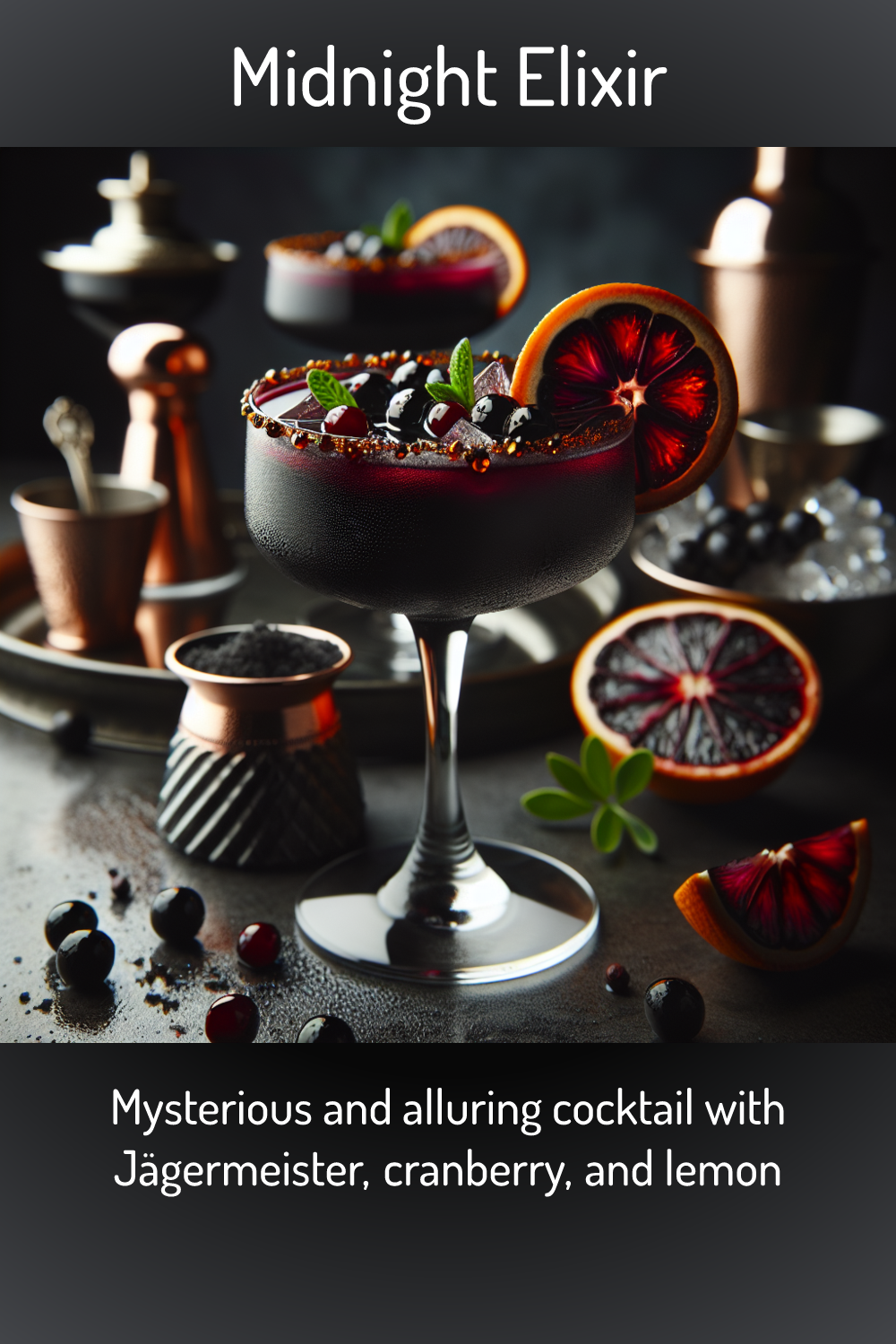 Midnight Elixir, Mysterious and alluring cocktail with Jägermeister, cranberry, and lemon