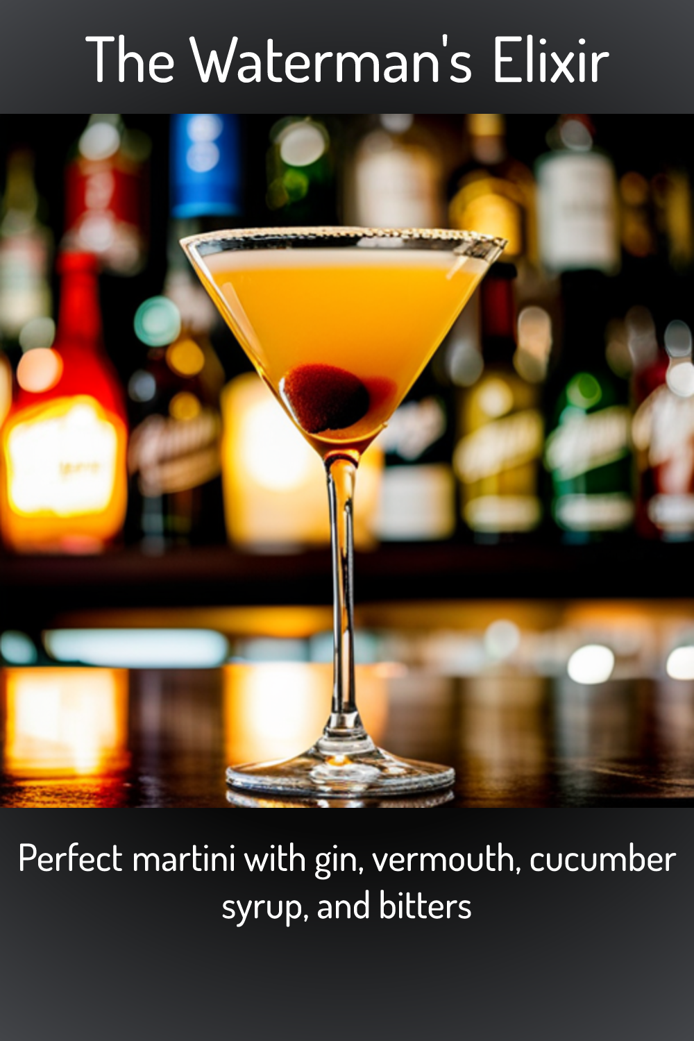 The Waterman's Elixir, Perfect martini with gin, vermouth, cucumber syrup, and bitters