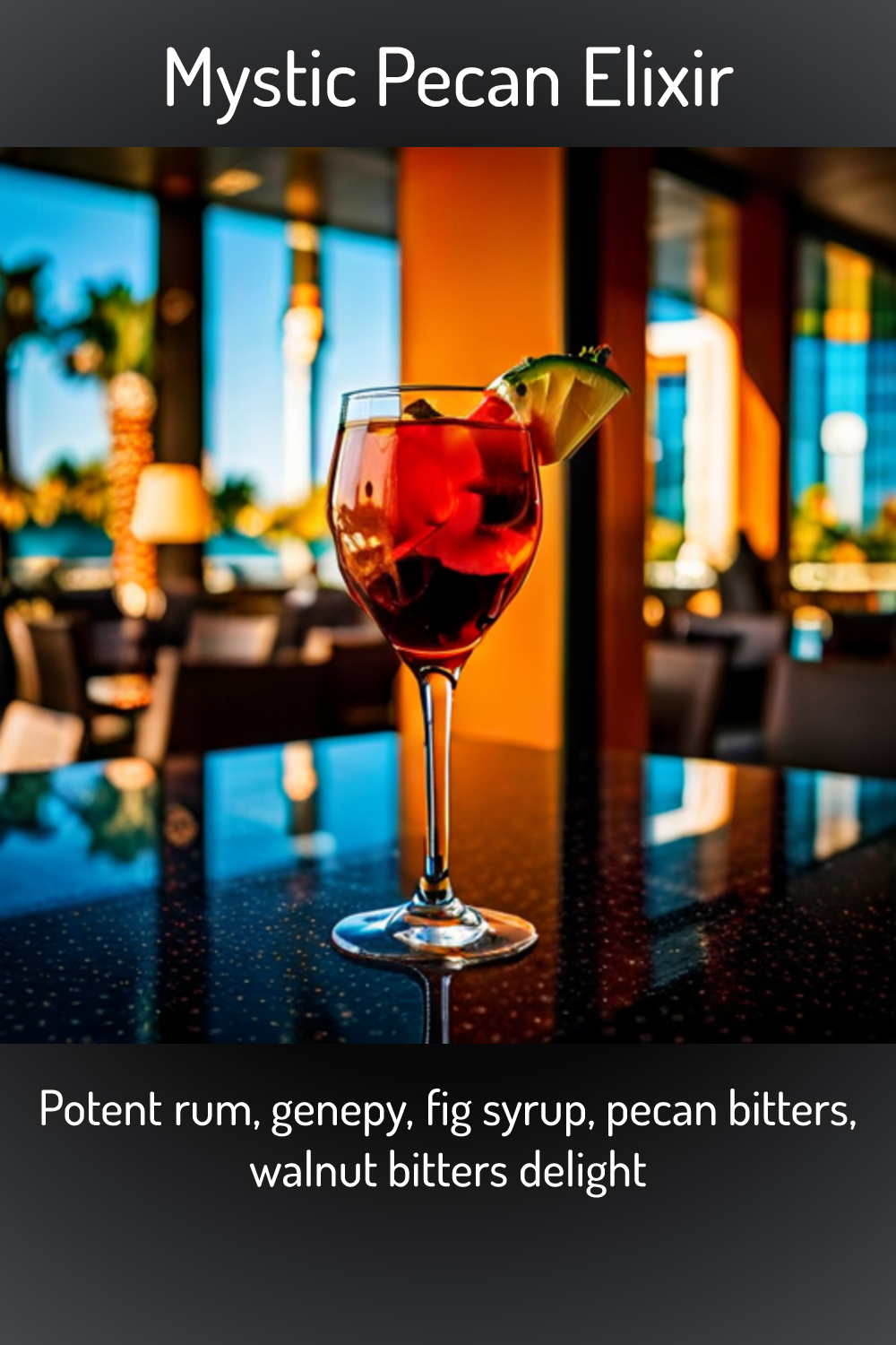 Mystic Pecan Elixir, Potent rum, genepy, fig syrup, pecan bitters ...