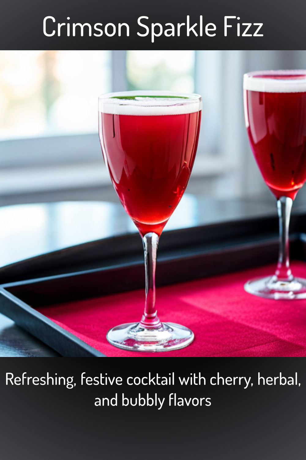 Crimson Sparkle Fizz, Refreshing, festive cocktail with cherry, herbal, and bubbly flavors