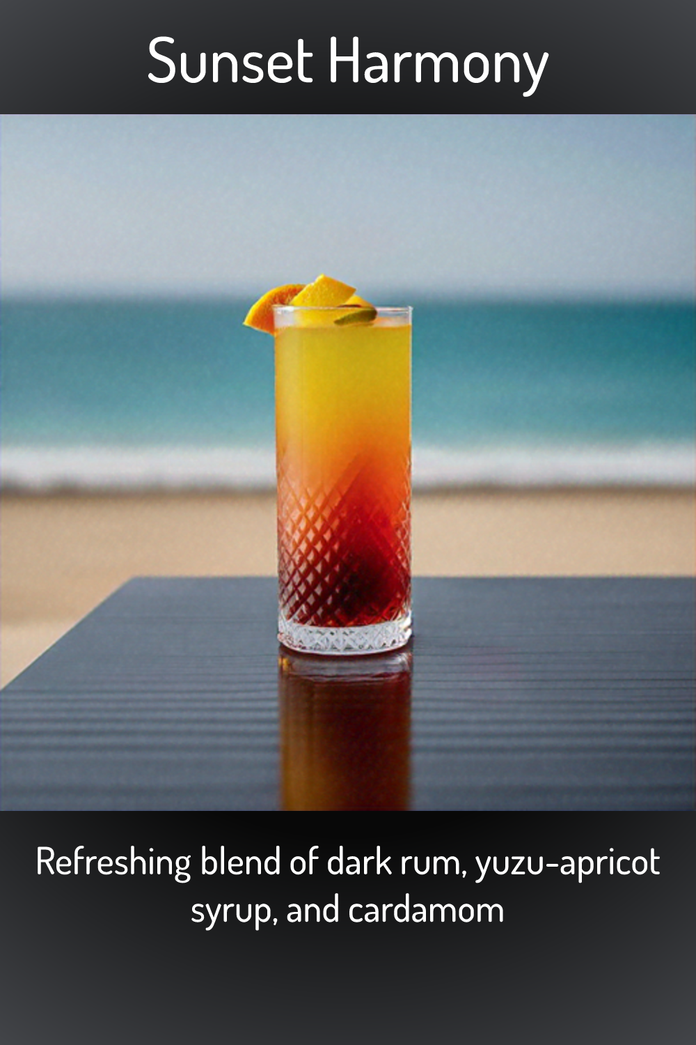 Sunset Harmony, Refreshing blend of dark rum, yuzu-apricot syrup, and cardamom