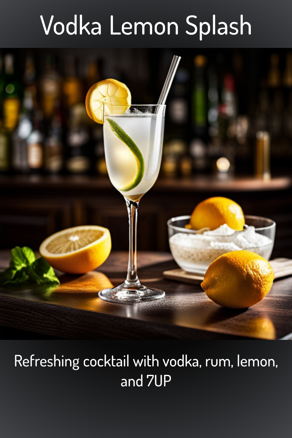 Vodka Lemon Splash, Refreshing cocktail with vodka, rum, lemon, and 7UP