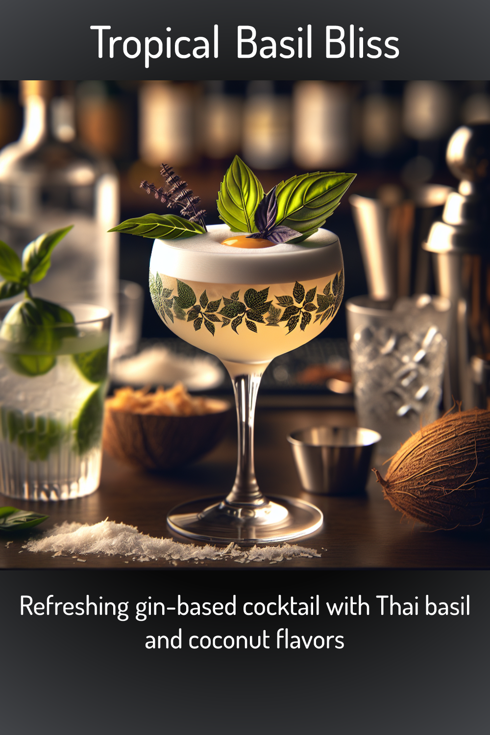 Tropical Basil Bliss, Refreshing gin-based cocktail with Thai basil and coconut flavors