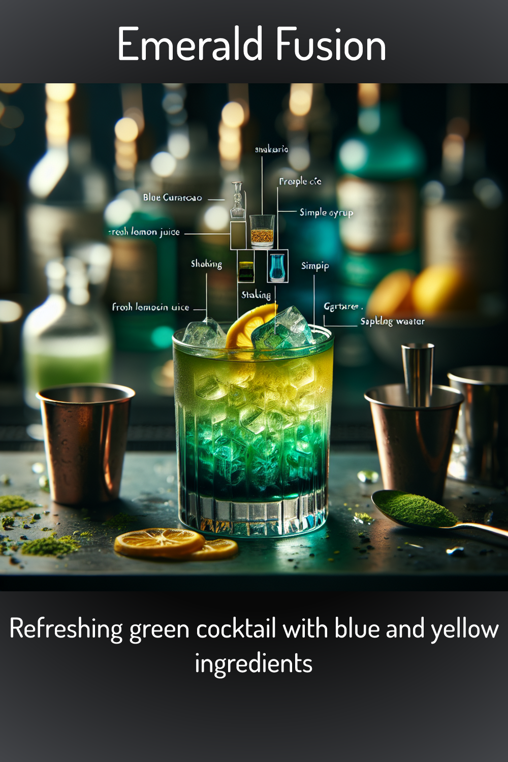 Emerald Fusion Refreshing Green Cocktail With Blue And Yellow Ingredients