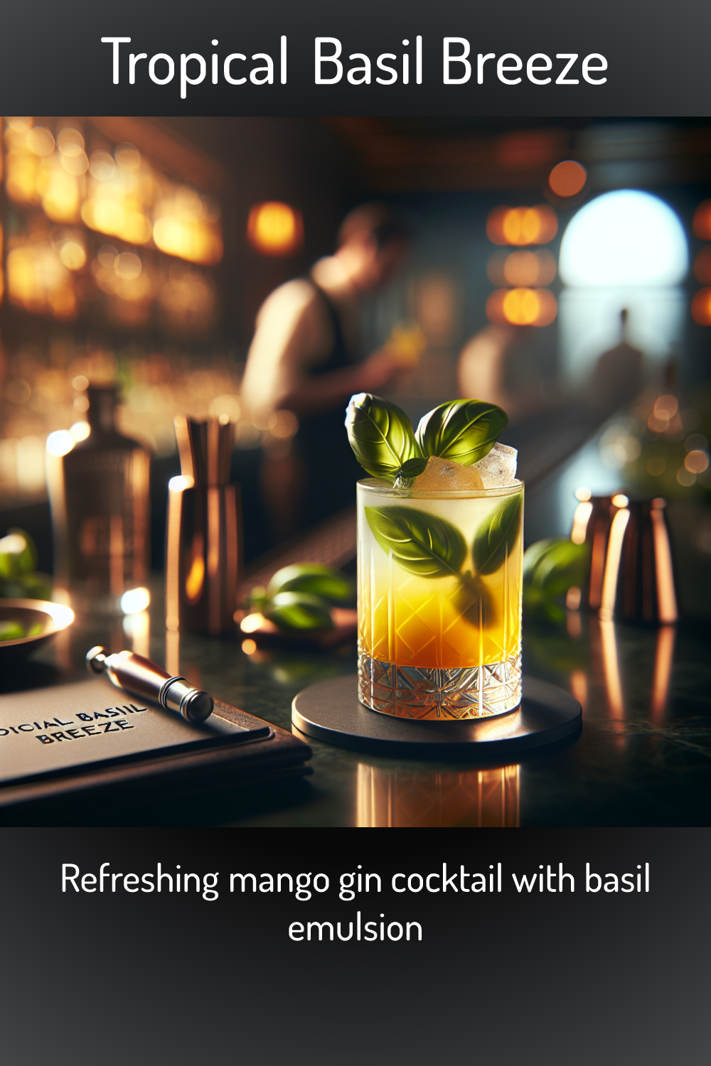 Tropical Basil Breeze, Refreshing mango gin cocktail with basil emulsion