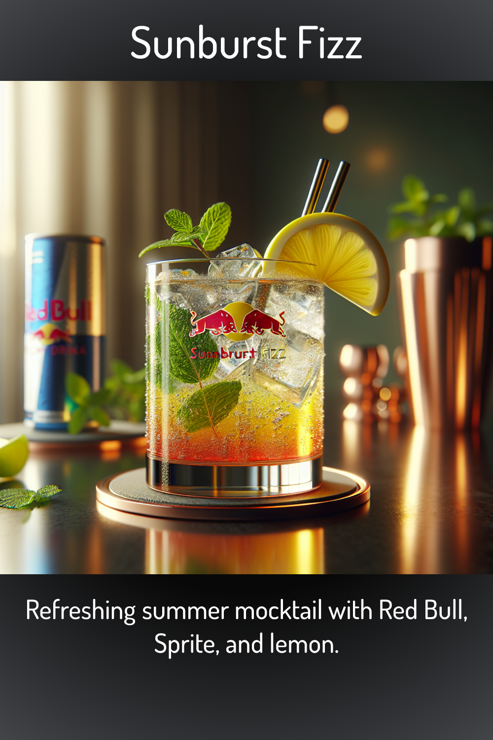 Sunburst Fizz, Refreshing summer mocktail with Red Bull, Sprite, and lemon.