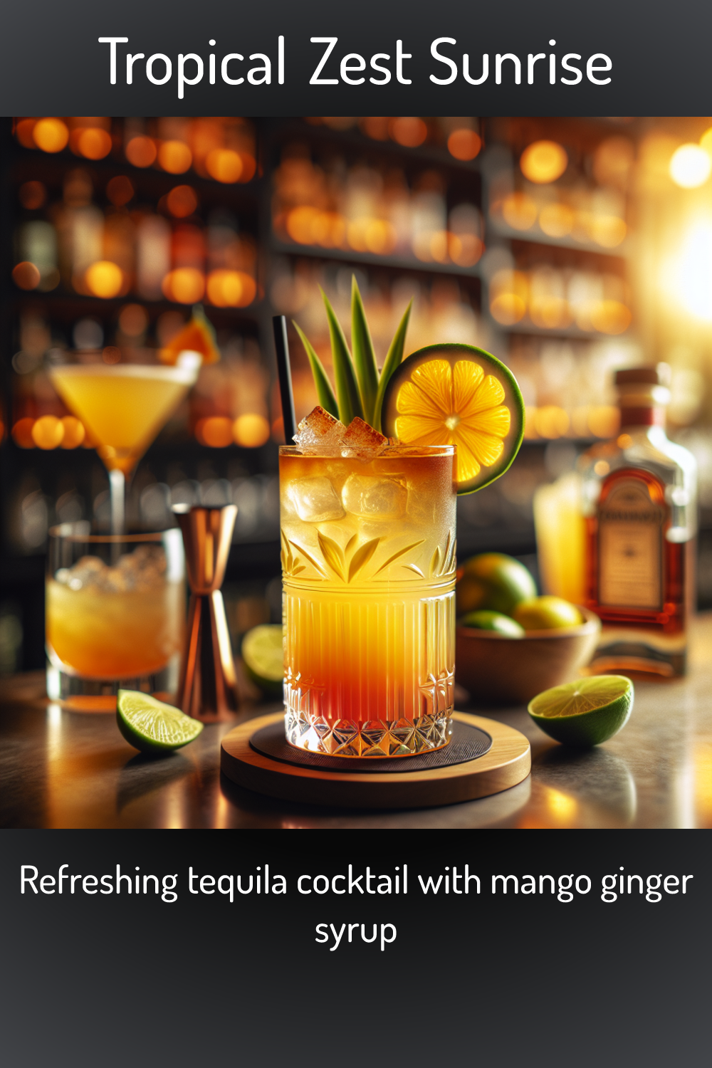 Tropical Zest Sunrise, Refreshing tequila cocktail with mango ginger syrup