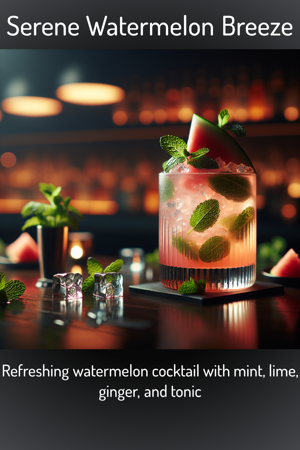 Serene Watermelon Breeze, Refreshing watermelon cocktail with mint, lime, ginger, and tonic