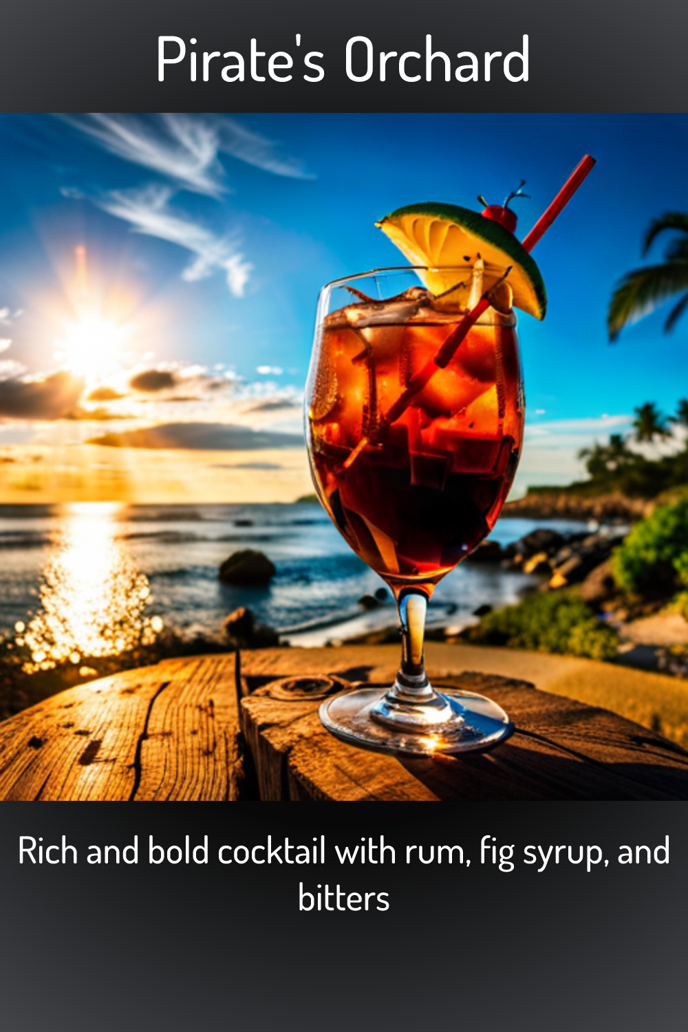 Pirate's Orchard, Rich and bold cocktail with rum, fig syrup, and bitters