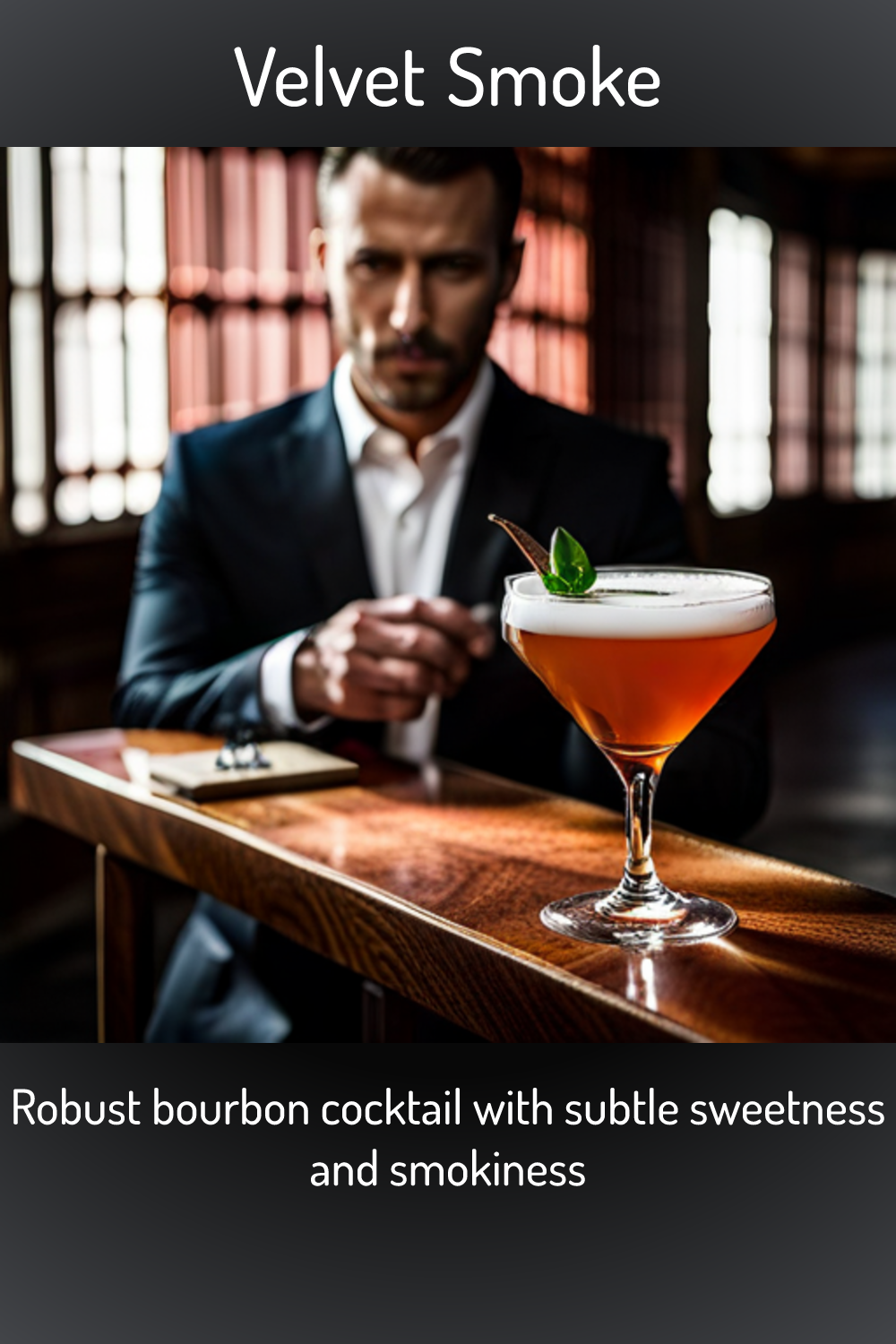 Velvet Smoke, Robust bourbon cocktail with subtle sweetness and smokiness