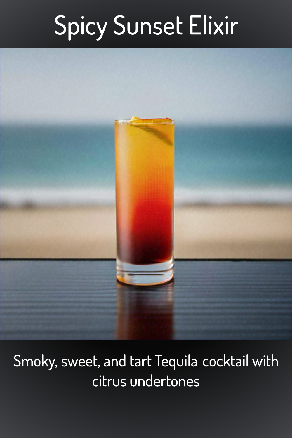 Spicy Sunset Elixir, Smoky, sweet, and tart Tequila cocktail with citrus undertones