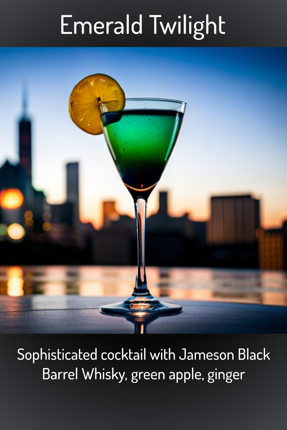 Emerald Twilight, Sophisticated cocktail with Jameson Black Barrel Whisky, green apple, ginger