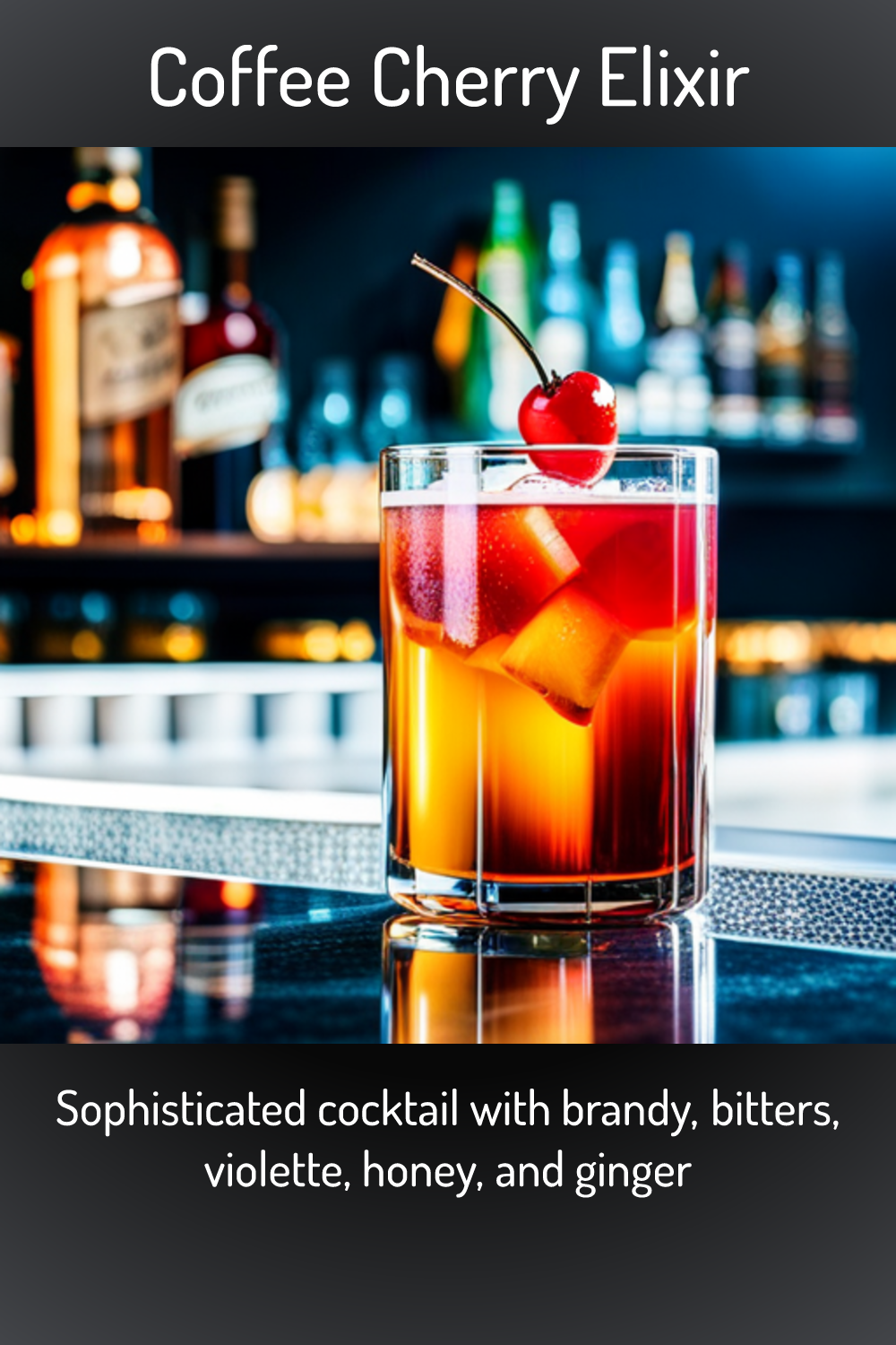 Coffee Cherry Elixir, Sophisticated cocktail with brandy, bitters, violette, honey, and ginger