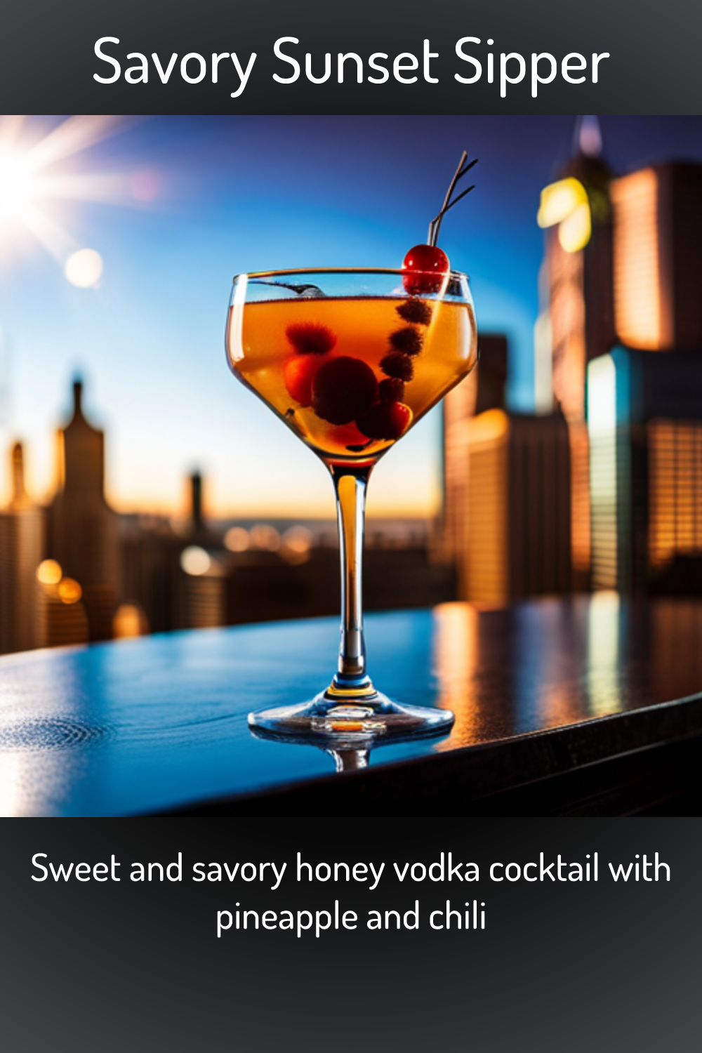 Savory Sunset Sipper, Sweet and savory honey vodka cocktail with pineapple and chili