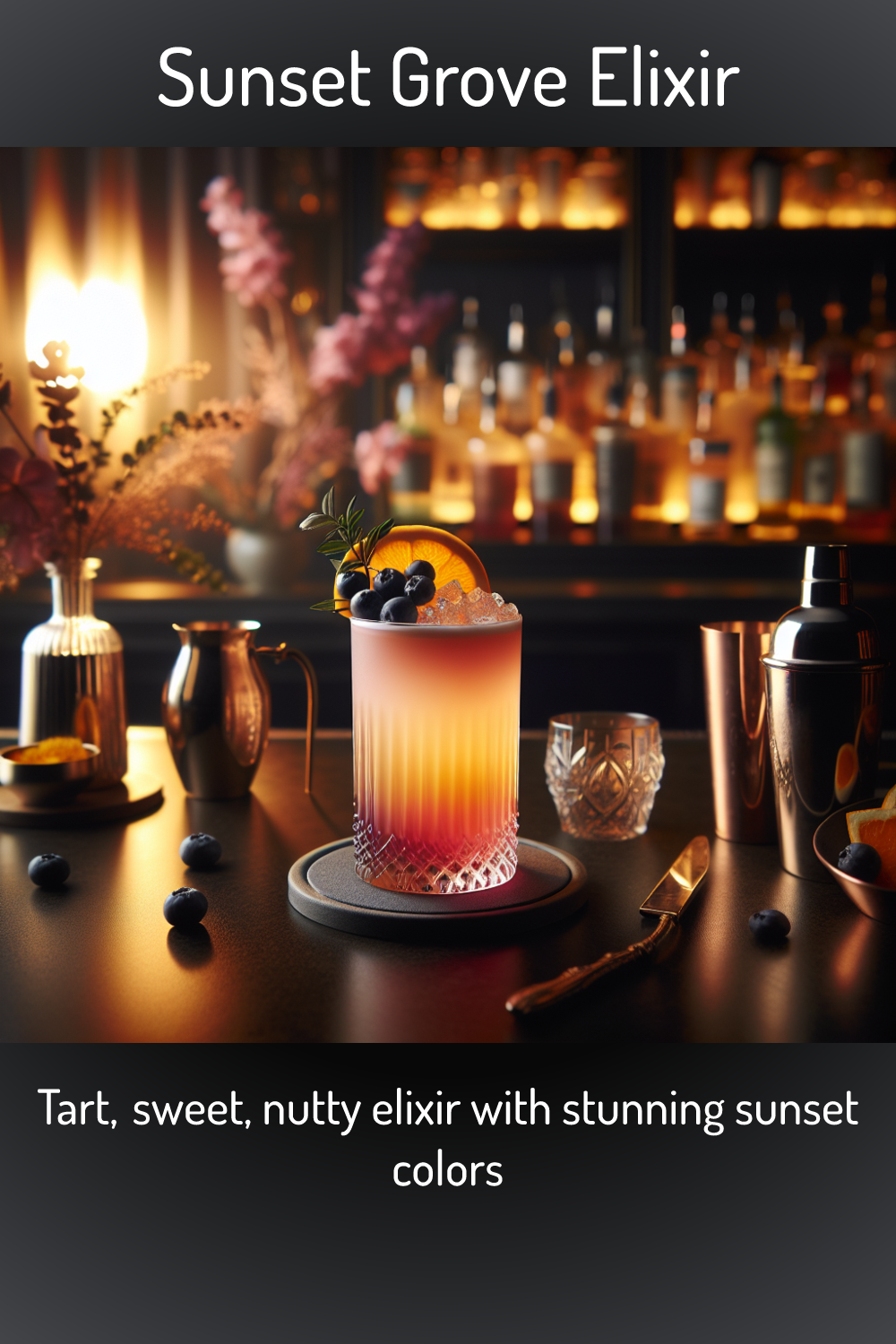 Sunset Grove Elixir, Tart, sweet, nutty elixir with stunning sunset colors