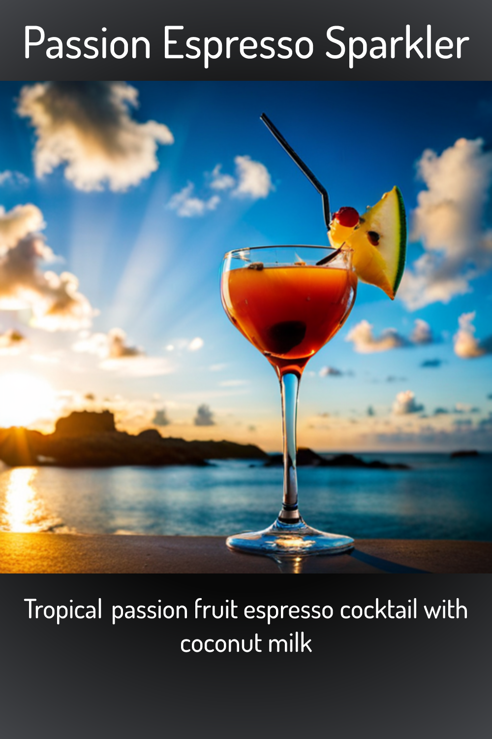 Passion Espresso Sparkler, Tropical passion fruit espresso cocktail with coconut milk