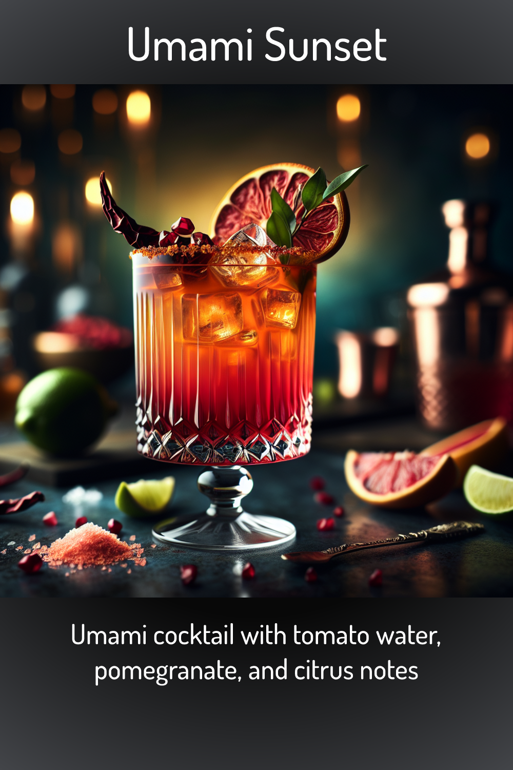 Umami Sunset, Umami cocktail with tomato water, pomegranate, and citrus ...