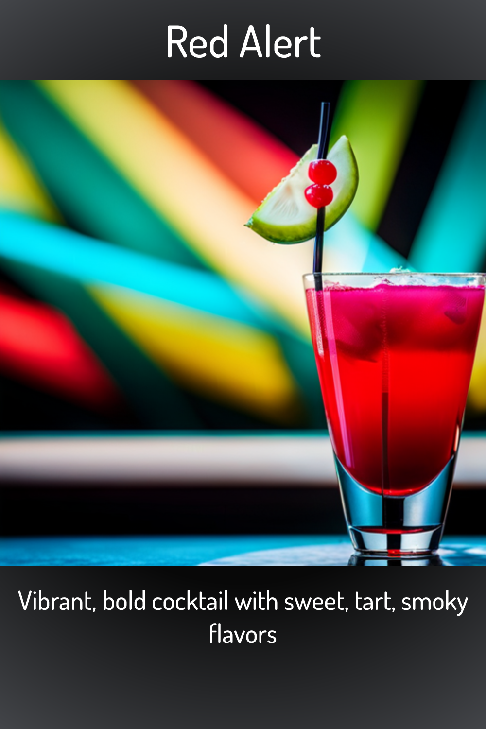 Red Alert, Vibrant, bold cocktail with sweet, tart, smoky flavors