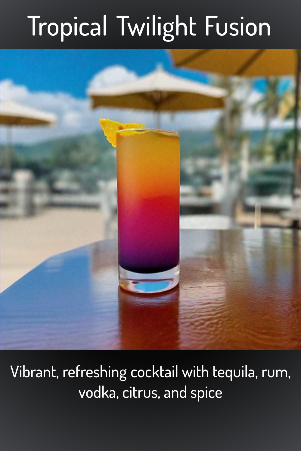 Tropical Twilight Fusion, Vibrant, refreshing cocktail with tequila, rum, vodka, citrus, and spice