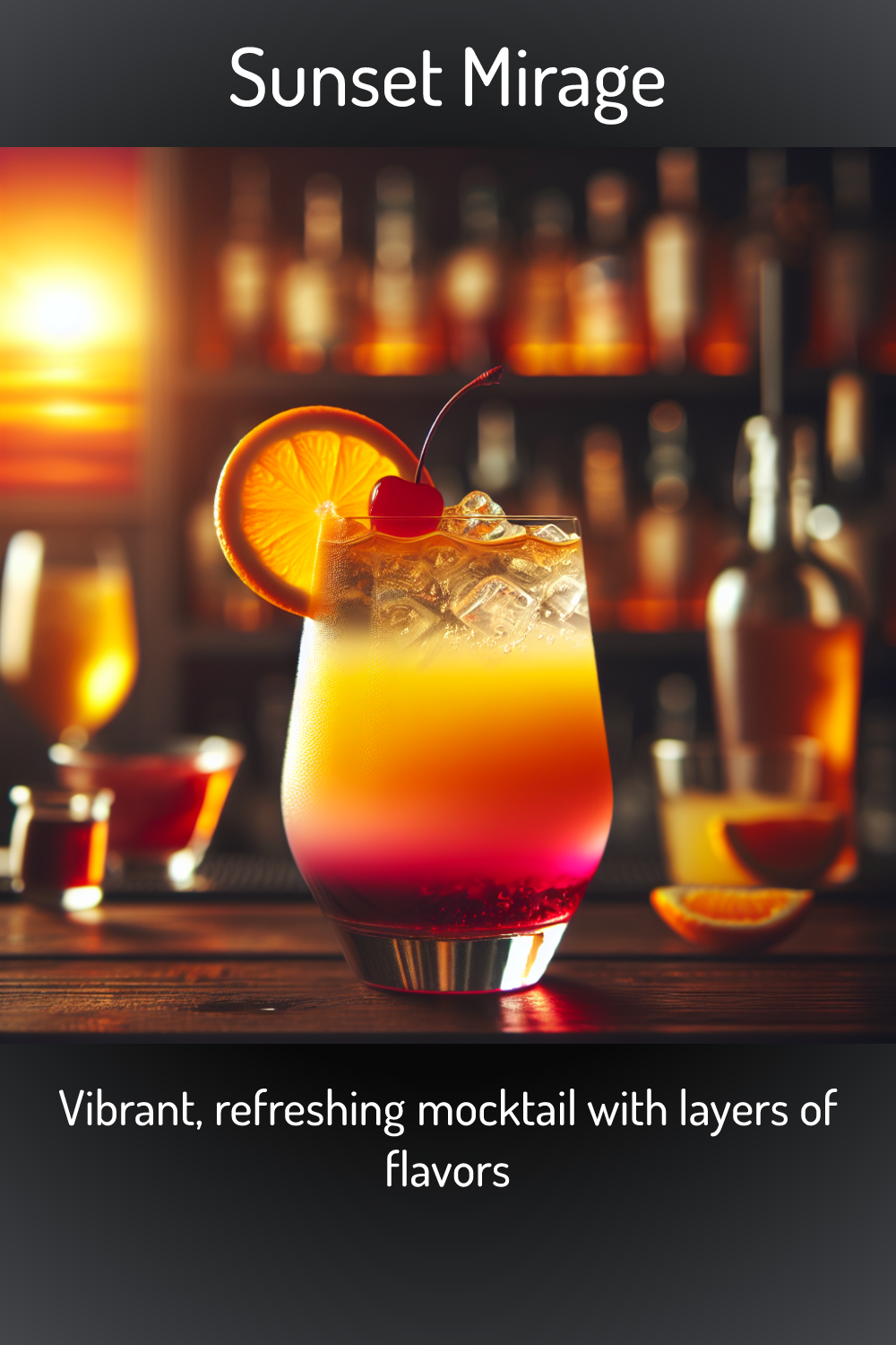 Sunset Mirage, Vibrant, refreshing mocktail with layers of flavors