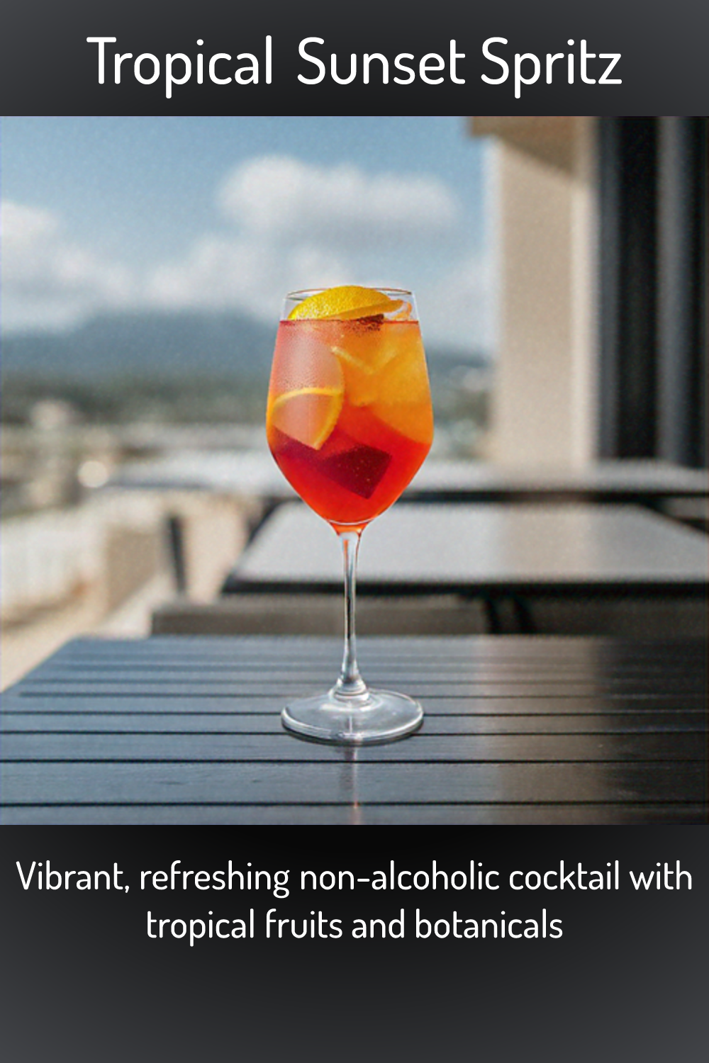 Tropical Sunset Spritz, Vibrant, refreshing non-alcoholic cocktail with tropical fruits and ...