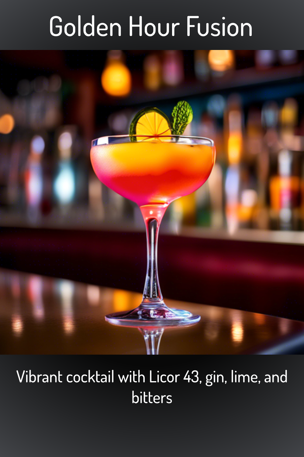 Golden Hour Fusion, Vibrant cocktail with Licor 43, gin, lime, and bitters