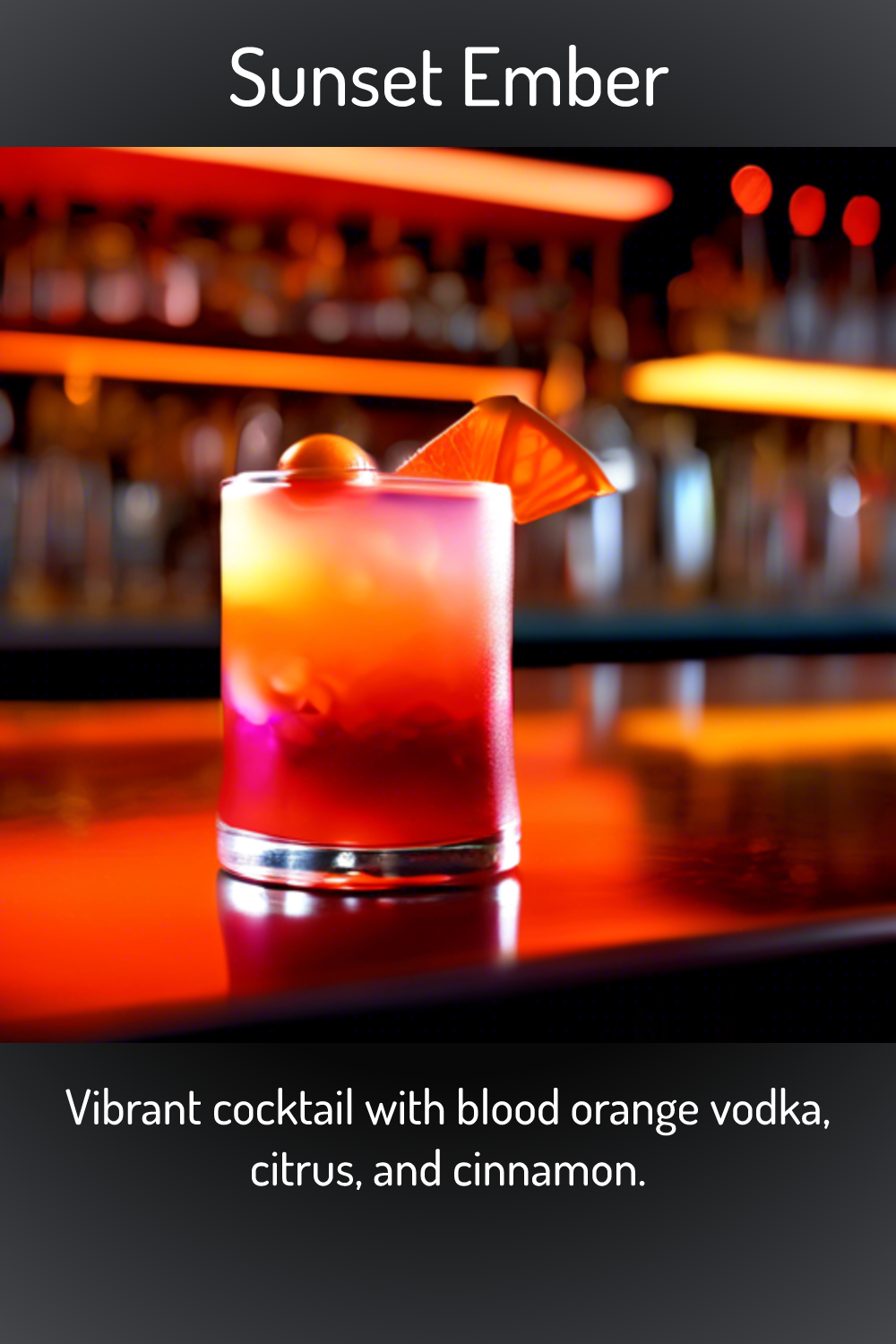Sunset Ember, Vibrant cocktail with blood orange vodka, citrus, and cinnamon.