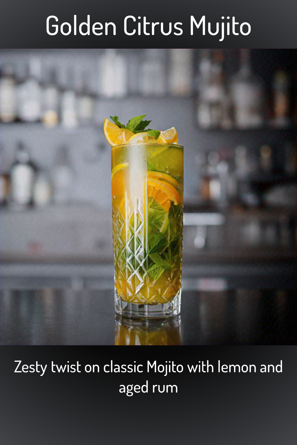 Golden Citrus Mujito, Zesty twist on classic Mojito with lemon and aged rum